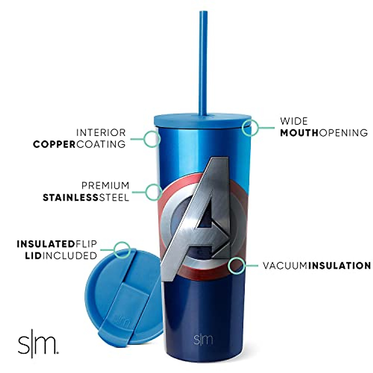Simple Modern Marvel Insulated Tumbler Cup with Flip Lid and Straw Lid | Gifts for Women Men Reusable Stainless Steel Water Bottle Travel Mug | Classic Collection | 24oz Avengers Shield