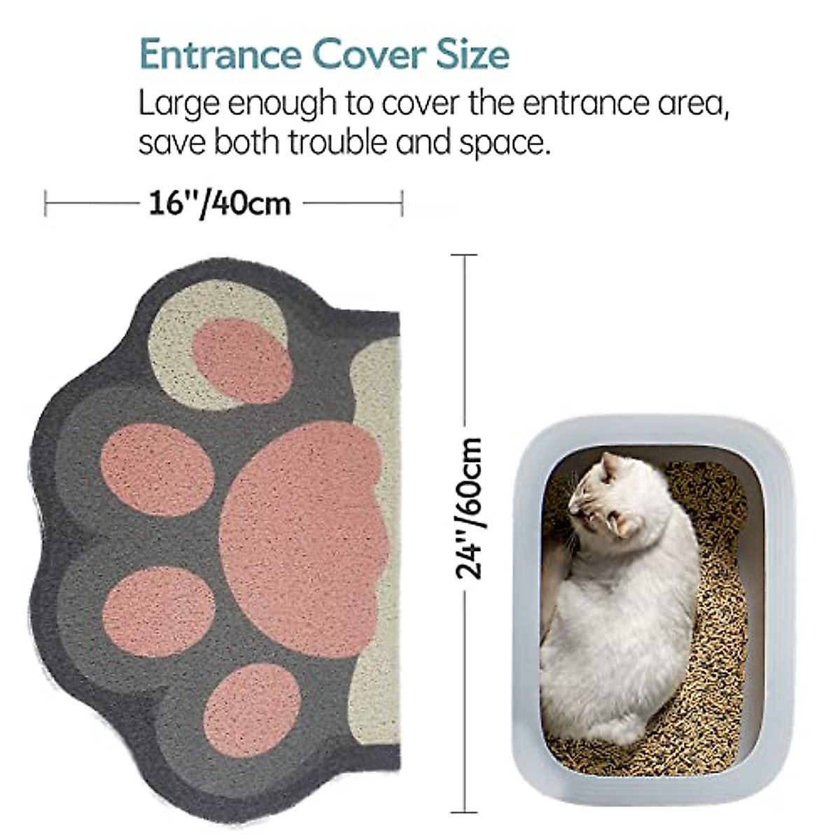 Rarenut Cute Cat Litter Trapping Mat 24”x16”, Traps Mess from Litter Box and Pet Food Bowl, Soft on Kitty Paws, Easy Clean, Anti Slip, Pet Accessories, Door Floor mats - Black paw