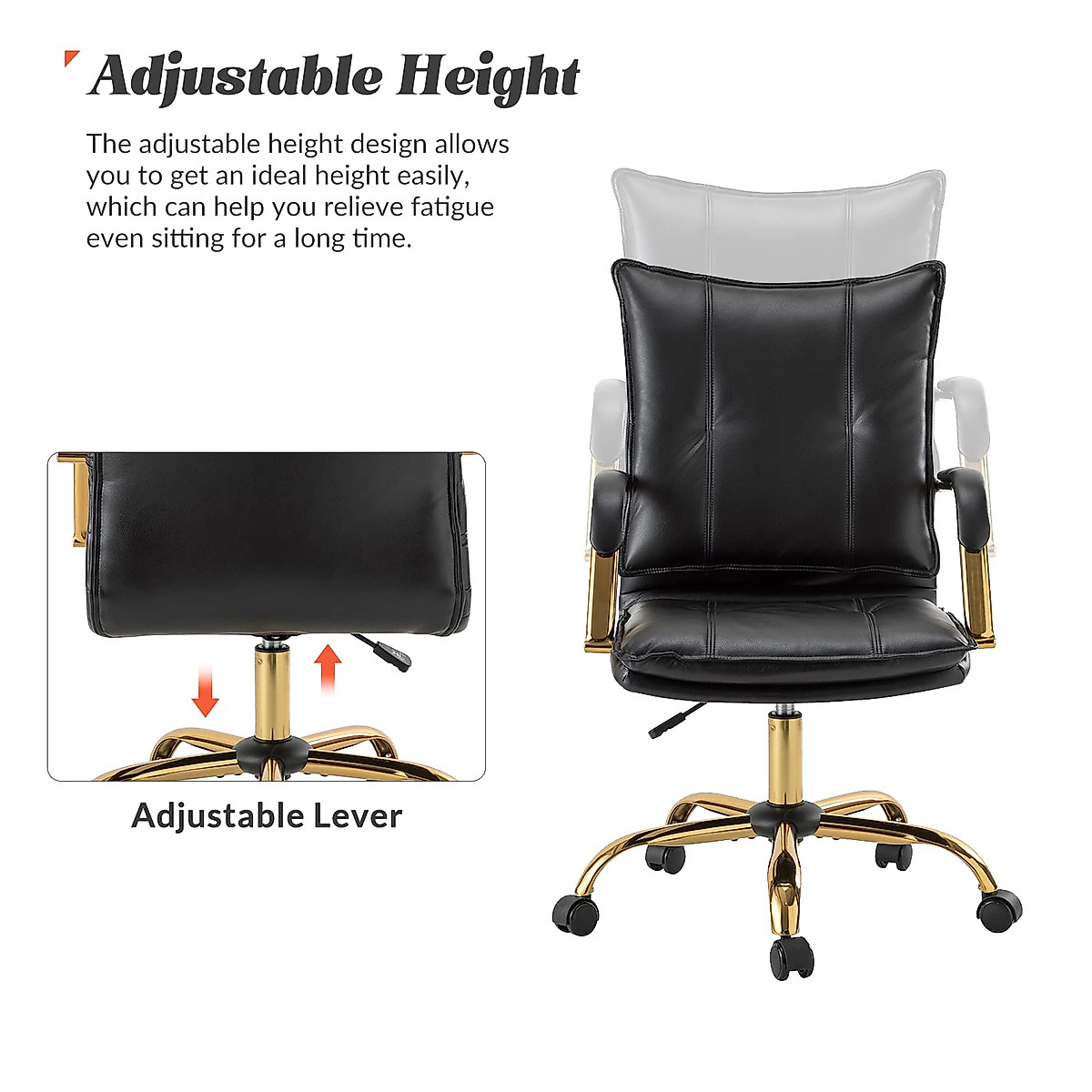 HULALA HOME Faux Leather Home Office Desk Chair, Adjustable Swivel Computer Chair with Golden Legs and Arms, Comfy Upholstered Task Chair, Black