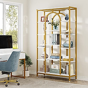 Tribesigns 5-Tier Bookshelf, Modern Tall Bookcase Book Shelf Organizer Freestanding Open Display Shelves for Bedroom Living Room Home Office, 70.8" H x 39.4" L, White/Gold