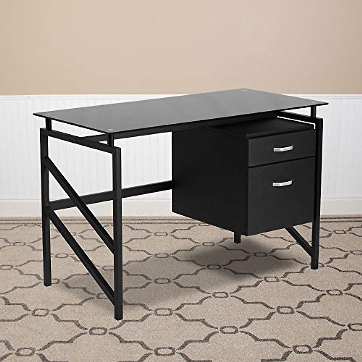 Flash Furniture Singleton Glass Desk with Two Drawer Pedestal,Black