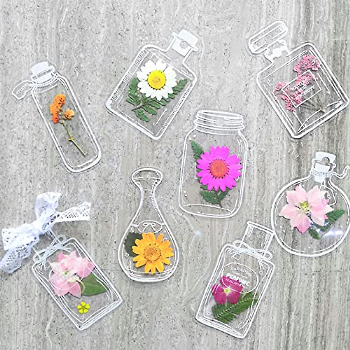 30pcs Dried Flower Bookmark ,Transparent Flower Bookmarks Floral Page Label, Perfume Bottle DIY Dried Flower Page Clips with 236 inch of Lace Trim, Flower Bookmark Maker Specimen for Home School Book