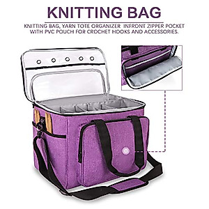 Knitting Bag, Yarn Tote Storage Organizer with Separate Crochet Hooks & Knitting Needles Bag,Slits on Top to Protect Wool and Prevent Tangling Large Purple