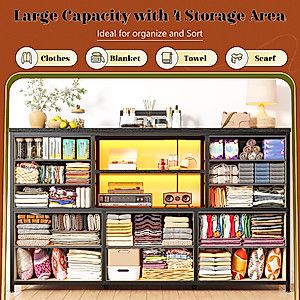 EnHomee Long Dresser for Bedroom with 12 Fabric Drawers,Bedroom Dresser with LED Lights & Power Outlet, Wooden Top & Metal Frame,for Living Room, Closet, Grey, 49.2''W*11.8''D*35.4''H