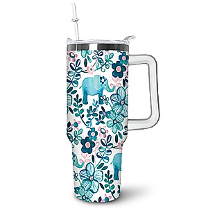 Puhnhsv 40 oz Insulated Stainless Elephant Tumbler With Handle and Straw, 40oz Coffee Travel Mugs Cup Water Bottle Elephant Lovers Gifts for Women Girls