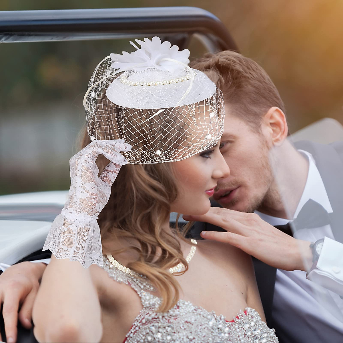 5PCS Fascinators Hat Veil Mesh Headband Set Tea Party Fascinators Set Lace Gloves, Pearl Necklace, Bracelet, Earrings (White)