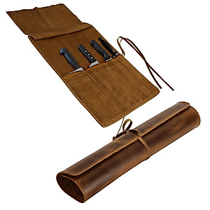 Genuine Buffalo Leather Knife Roll Set Chef's Knife Holder Cutlery Sheath Artist Case Organizer Storage bag Travel Friendly Gift for Men & Women - Teak