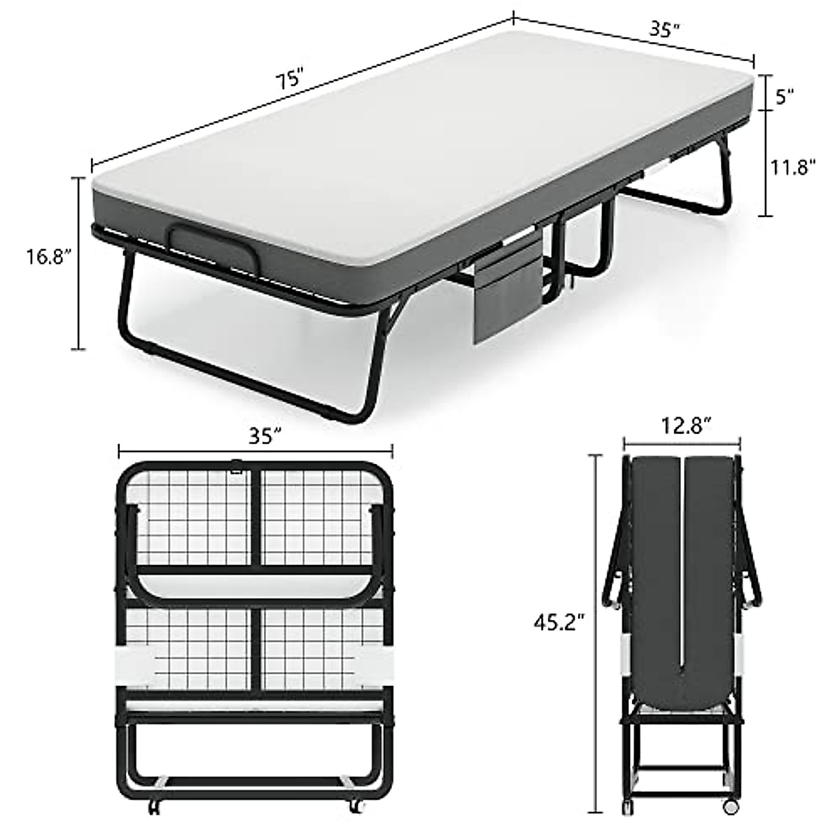75" x 35" Folding Bed with Mattress, Twin Size Portable Foldable Rollaway Guest Bed for Adults, Cots Fold Up Bed with Fabric Storage Bag & 5 Inch Memory Foam Metal Frame Wheels