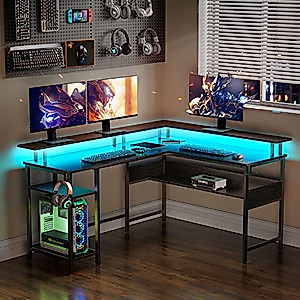 Rolanstar Computer Desk L Shaped 59'' with LED Lights and Power Outlets, Reversible L Shaped Gaming Desk Bundle End Table with Charging Station, Narrow Side Table with 2 Wooden Drawers