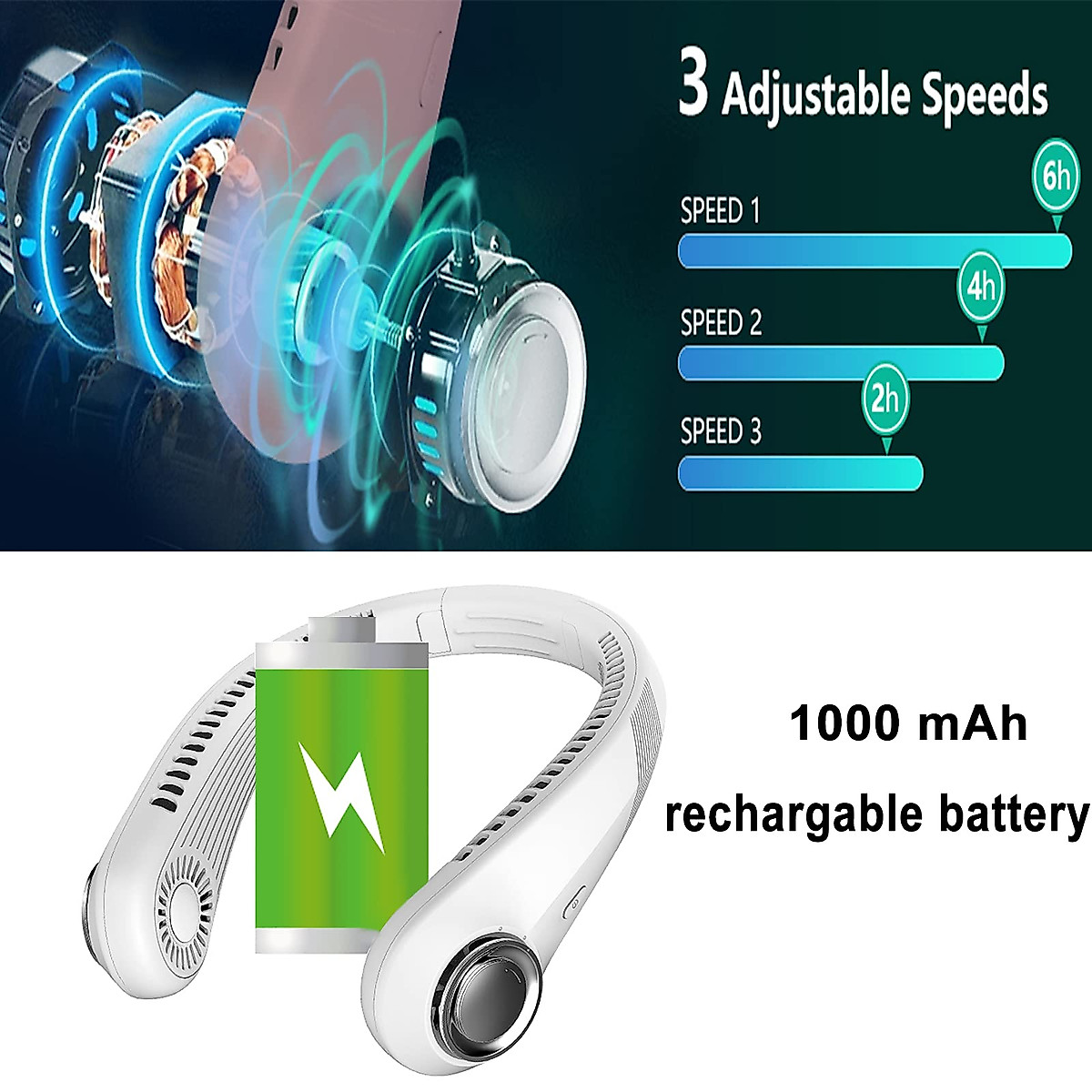 Personal Neck Fan Rechargeable Hands Free Fan - 3 Wind Speed Portable sports fan for Travel Indoor Outdoor - USB Powered Adjustment Cooling Fan for Women Men