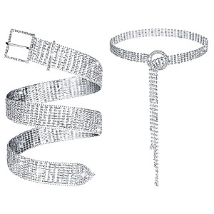 Vicenpal Rhinestone Belt 2 Pieces Shiny Crystal Ladies Waist Belt O Ring Belts for Women Wide Silver Chain Belt Bling Diamond Belt