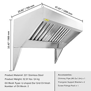 VEVOR Commercial Exhaust Hood, 4FT Food Truck Hood Exhaust, 201 Stainless Steel Concession Trailer Hood with 2 Detachable U-shaped Grid Oil Filter Mesh, Rust Resistant Vent Hood for Kitchen Restaurant