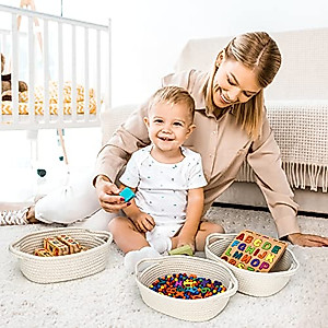 MZVUL Cotton Rope Storage Basket, 5 PCS Woven Baskets for Organizing, Toy Storage Small Baskets, Cuboid Woven Storage Basket with Handles for Baby Nursery, Bathroom Organizer Bins (Beige)