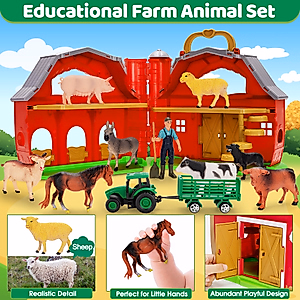 Farm Animals Toys for 1 2 3 4 5 Year old Toddlers Girls Boys, Big Red Barn Farm with Figures Animals and Tractor Toys for Kids, Farm Playset Educational Learning Toys, Ideal Christmas Birthday Gifts