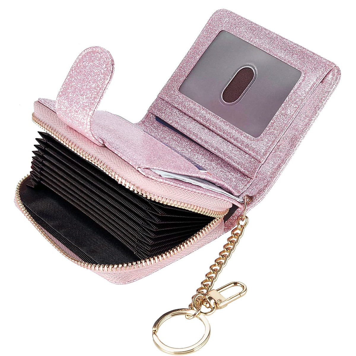 Beurlike Women's RFID Credit Card Holder Organizer Case Leather Security Wallet (Upgrade a (10 Accordion/Key Ring) - Glitter RoseGold)