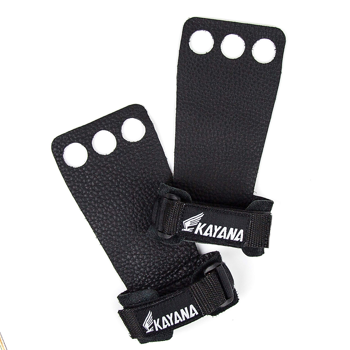 KAYANA 3 Hole Leather Gymnastics Hand Grips - Palm Protection and Wrist Support for Cross Training, Kettlebells, Pull ups, Weightlifting, Chin ups, Workout, & Exercise (Youth Black, Small)