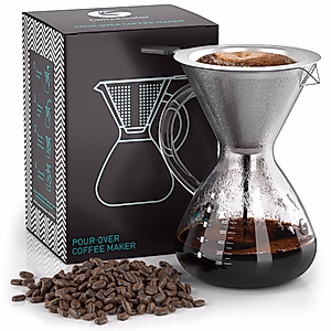 Coffee Gator Pour Over Coffee Maker - 27 oz Paperless, Portable, Drip Coffee Brewer Pour Over Set w/Glass Carafe & Stainless-Steel Mesh Filter, 800ml Clear