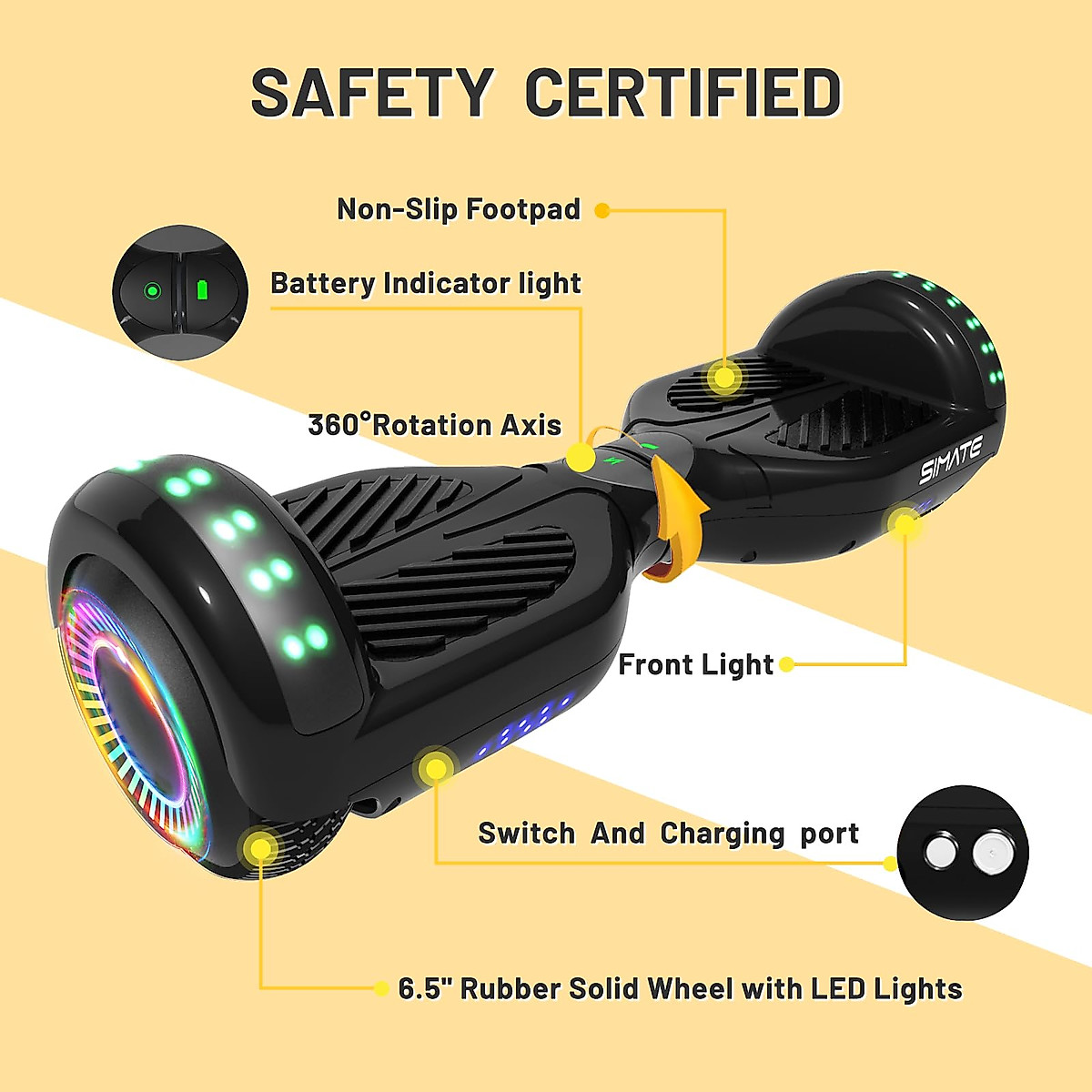 SIMATE 6.5" Hoverboard with Bluetooth & LED Lights, Self Balancing Hover Boards for Kids & Adults & Girls & Boys, for All Ages…