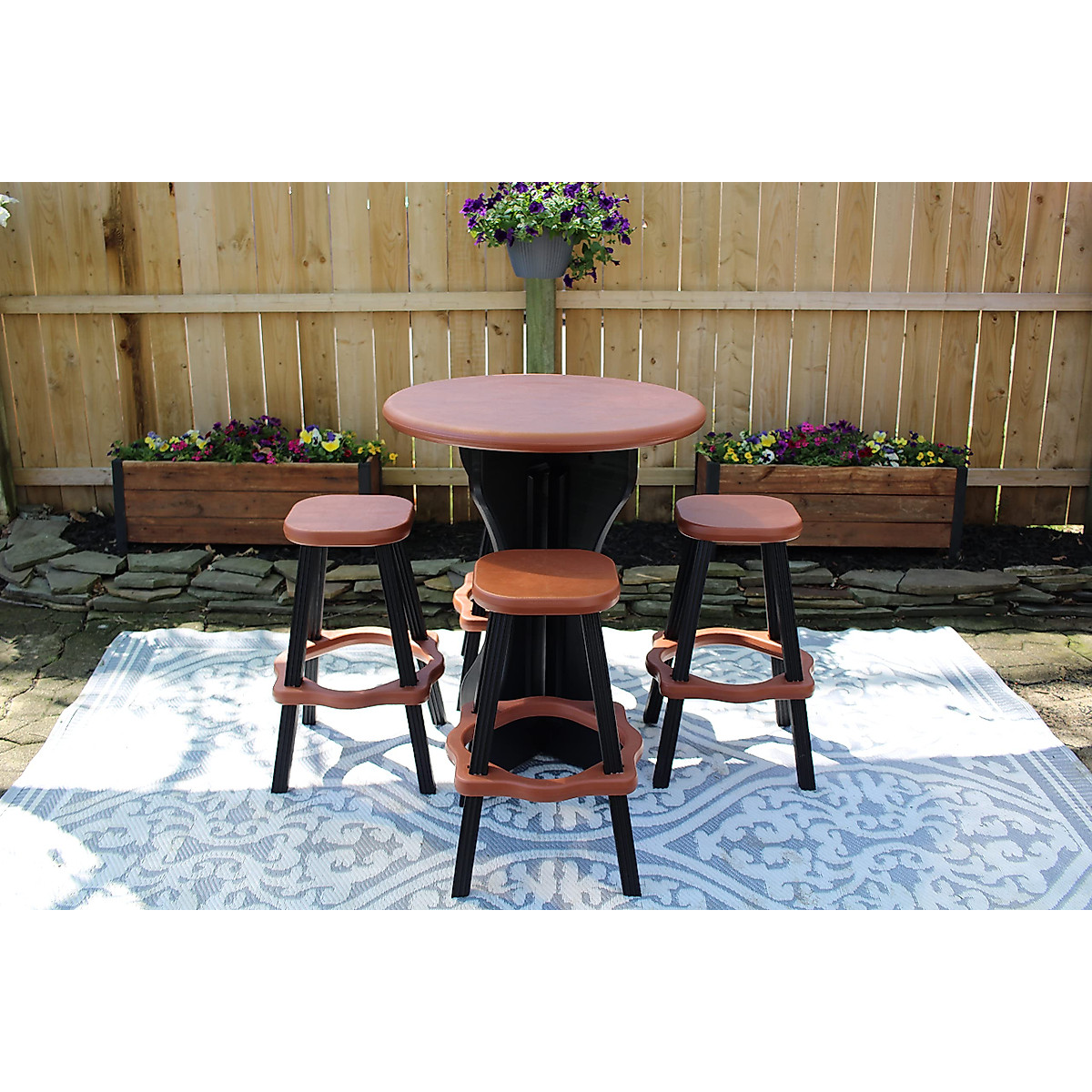 Leisure Accents Patio Table Set with Four Barstools - Black Base with Redwood Accents - Perfect for Patio and Outdoor Spaces. Hardware Free Easy Assembly. Proudly Made in USA