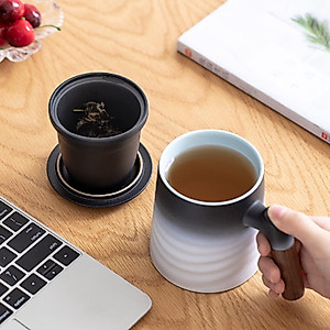 ZENS Tea Cup with Infuser and Lid, 13.5 Ounces Gradient Embossed Loose Tea Mug, Rosewood Handle Ceramic Tea Steeping Mug for Gifts, Black & White*1 and Black&Blue*1