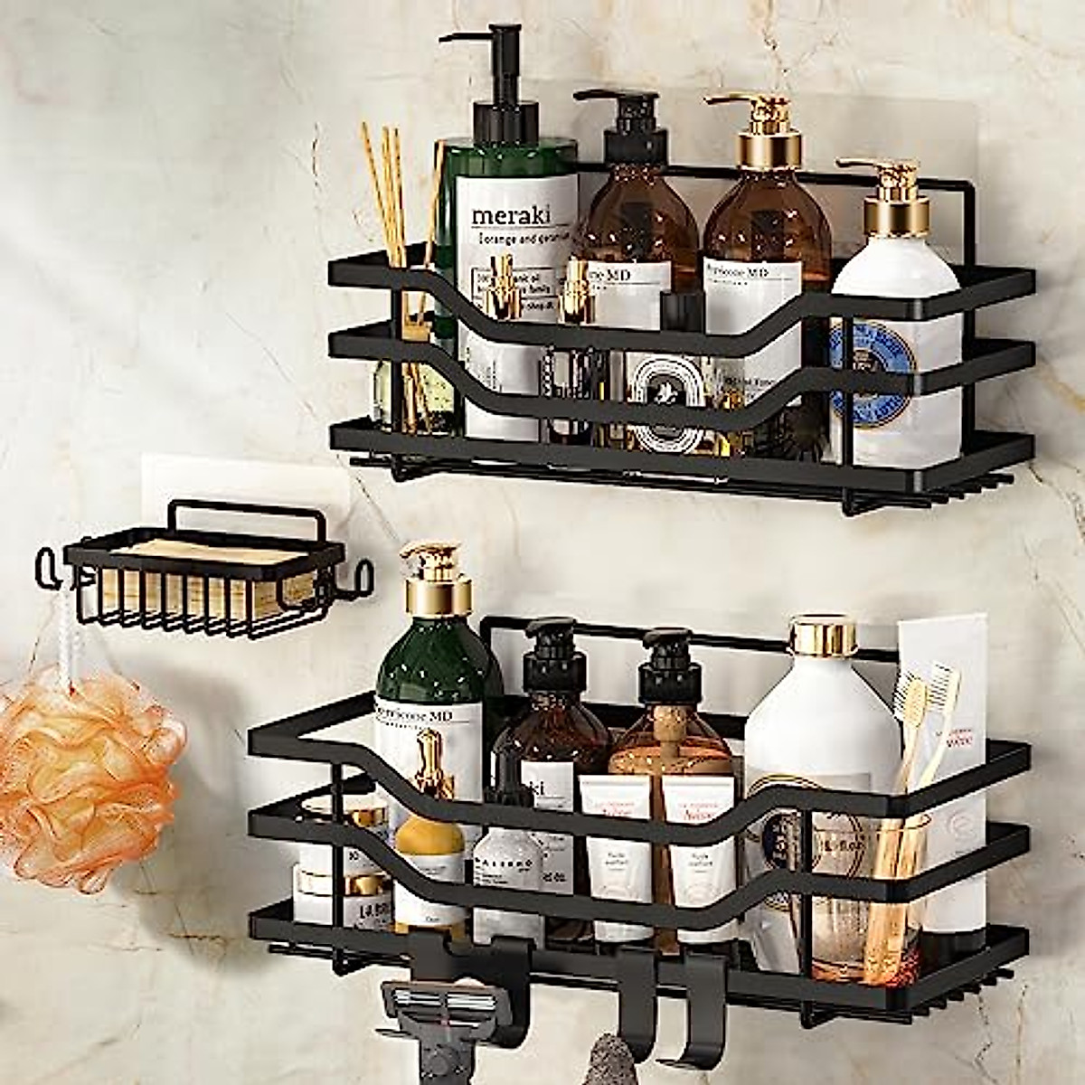 ACMETOP Adhesive Shower Caddy 3-Pack Shower Organizer No Drilling Shower Shelves with 3 Hooks & Soap Holder, Rustproof SUS304 Stainless Steel Bathroom Caddy, Shower Shelf for Inside Shower
