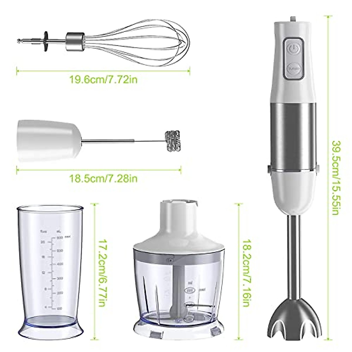 Immersion Blender Handheld, 5 in 1 Multi-purpose Hand Blender Electric 500W 6-Speed with Turbo Mode, Stick Blender with 500ml Food Chopper, 600ml Beaker, Stainless Steel Egg Whisk, Milk Frother (5 in 1)