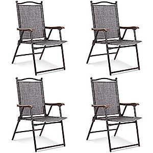 Giantex Set of 4 Folding Sling Back Chairs Indoor Outdoor Camping Chairs Garden Patio Pool Beach Yard Lounge Chairs w/Armrest (Gray)