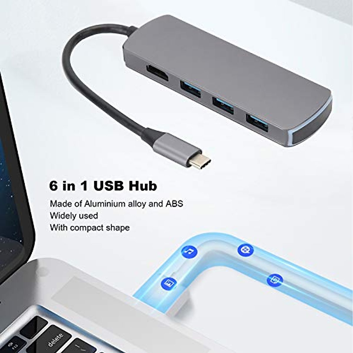 UBS Hub Extension, 6 in 1 USB3.0 Adapter Type C Multi‑Port USB C Expander Dock, to HDMI 4K Adapter Cable for Chrome Operating System/Windows7/8/10/XP/Linus/Vista