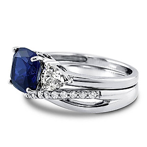 BERRICLE Sterling Silver 3-Stone Wedding Engagement Rings Simulated Blue Sapphire Cushion Cut Cubic Zirconia CZ Criss Cross Ring Set for Women, Rhodium Plated Size 9.5