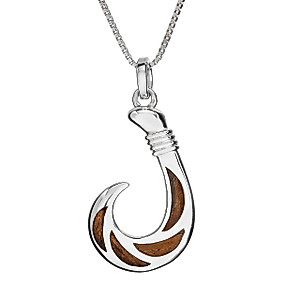 925 Sterling Silver Hawaiian Koa Wood Tree Inlay Fish Hook Necklace Pendant with 18" Box Chain, Nickle Free Hypoallergenic for Sensitive Skin, Gift Box Included (Koa Wood - Moana)
