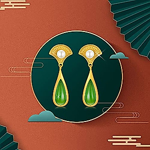 BETHZA Green Jade Earrings 925 Sterling Silver Gold Plated Teardrop Jade Dangle Earring Chinese Style Fan Drop Earring Jewelry Gifts for Women