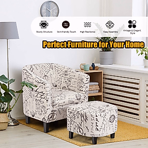 Giantex Modern Accent Chair with Ottoman, Upholstered Barrel Tub Chair and Footrest Set, Linen Fabric Club Arm Chair w/Solid Wood Legs, Ideal for Living Room, Bedroom, Garret