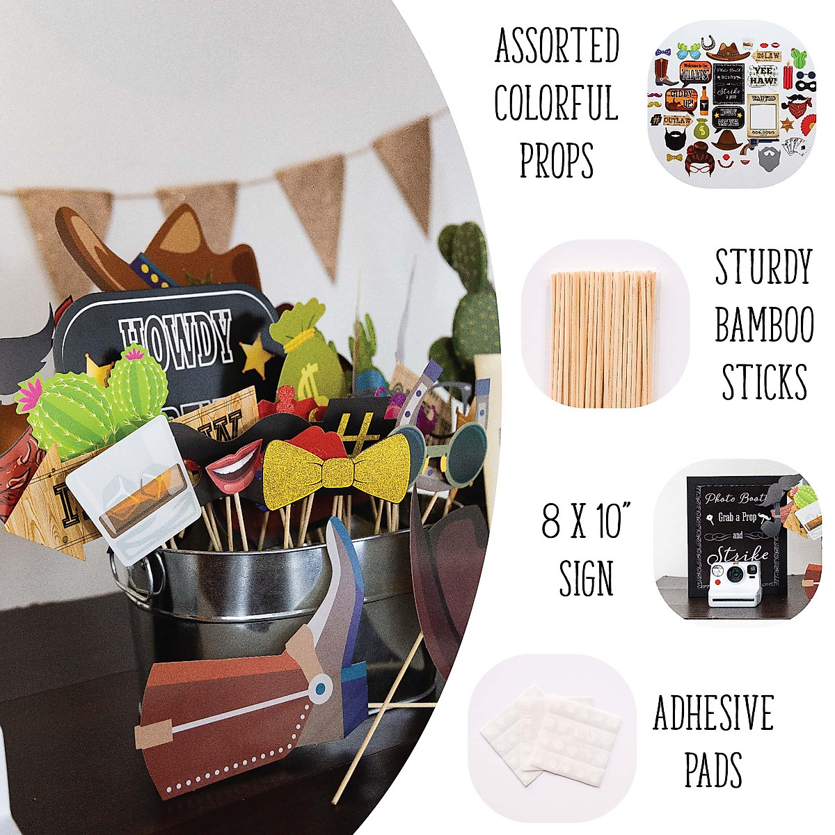 Western Photo Booth Props - 41-pc Photo Prop Kit with 8 x 10-Inch Sign, 60 Adhesive Pads, 45 Sticks - Photo Booth Props Country Theme - Wild West Photo Props