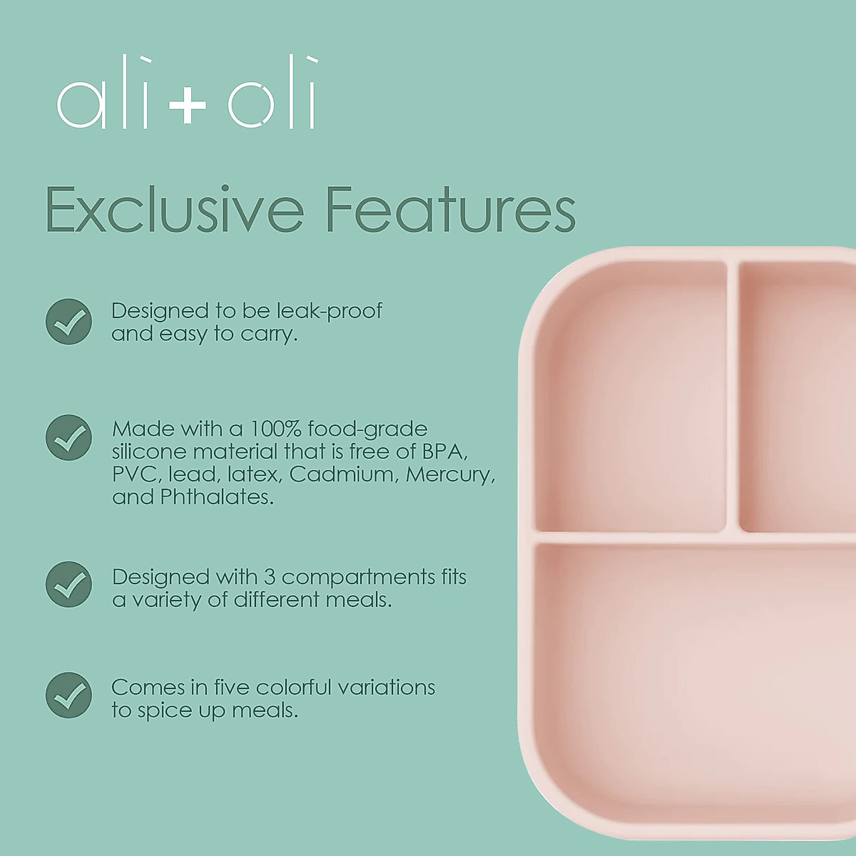 Ali+Oli Leak Proof Bento Box (Blush) Food-Grade Silicone Bento Box, BPA, Phthalate, Lead, & PVC Free - Bento Lunch Box for Kids and Adults - Leak Resistant Sets With Lids Container