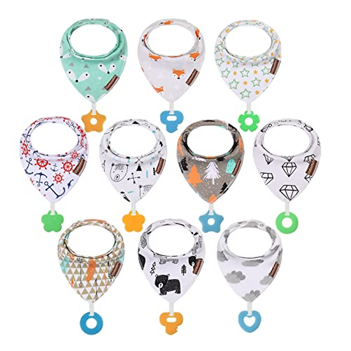 vuminbox Baby Bandana Drool Bibs and Teething Toys Made with 100% Organic Cotton, Absorbent and Soft (10-Pack Unisex)