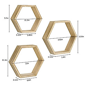 YBING Hexagon Floating Shelves Wall Mounted Farmhouse Wood Storage Honeycomb Wall Shelf Set of 6 Hexagonal Shelves Wall Home Decor Hexagon Shelves for Living Room Bedroom Office, Light Brown