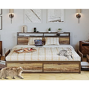 LIKIMIO King Bed Frame with Storage Drawer, 2-Tier Storage Headboard with Charging Station, No Box Spring Needed, Easy Assembly, Rustic Brown