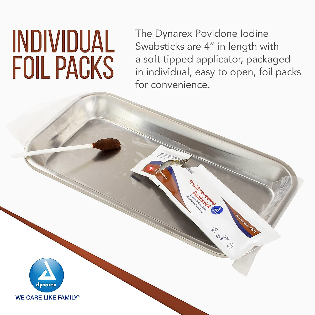 Dynarex Povidone Iodine Swabsticks, Swabstick Packaged in Individual Foil Pack, Antiseptic for Skin Preparation, Brown, 1 Case of 500 Dynarex Povidone Iodine Swabsticks, (10 Boxes of 50)