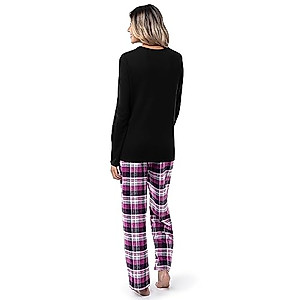 Fruit of the Loom Women's Waffle V-Neck Top and Flannel Pant Sleep Set, Black/Berry Plaid, Medium