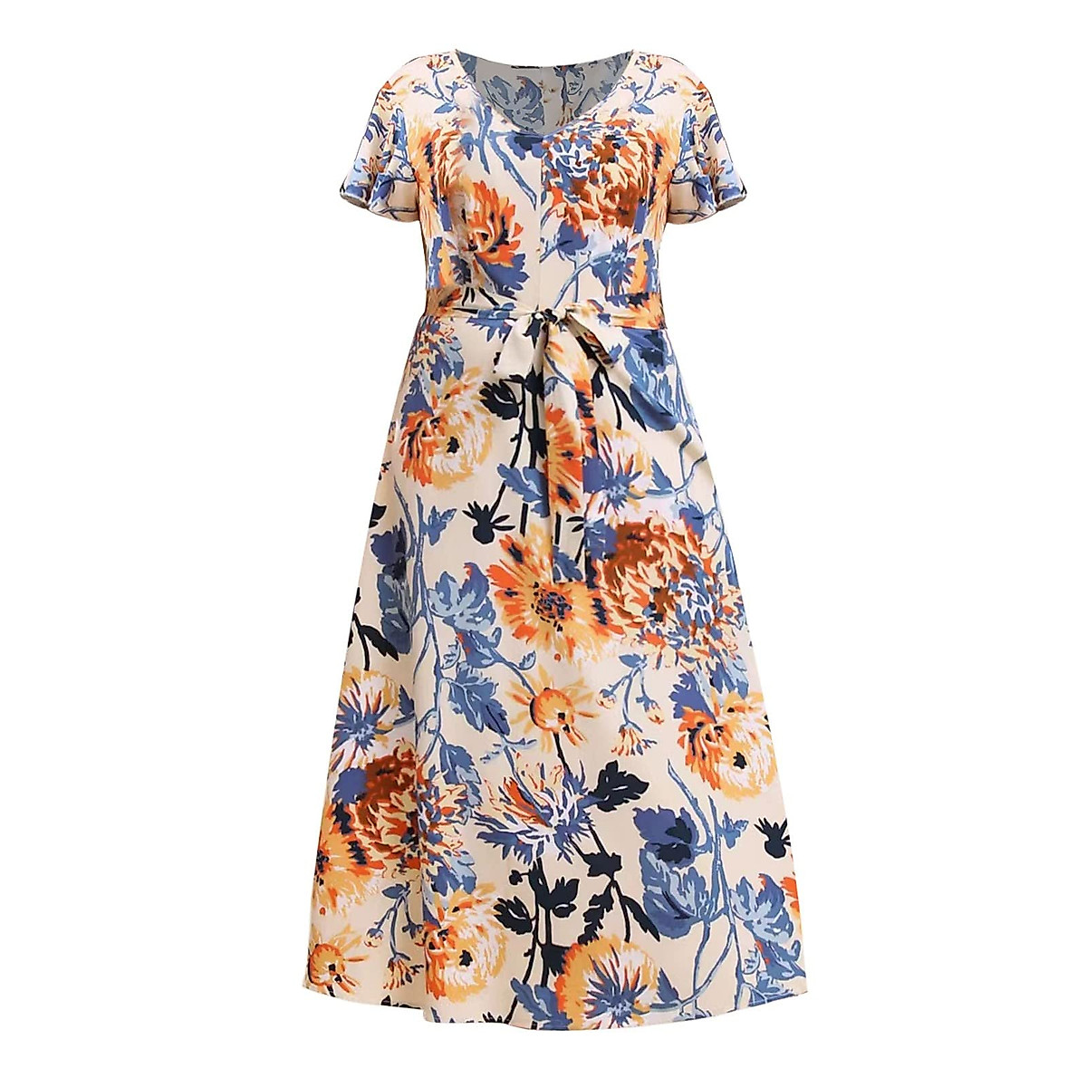 Casual Dresses for Women Plus Size Women's Plus Size Spring and Summer Round Neck Floral Print Decoration Ruffled Short