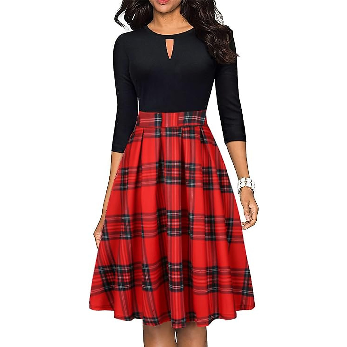Retro/Vintage Swing Dress for Women Christmas Holiday Party Dresses for Fall Winter Old lady Street Wear Plaid L