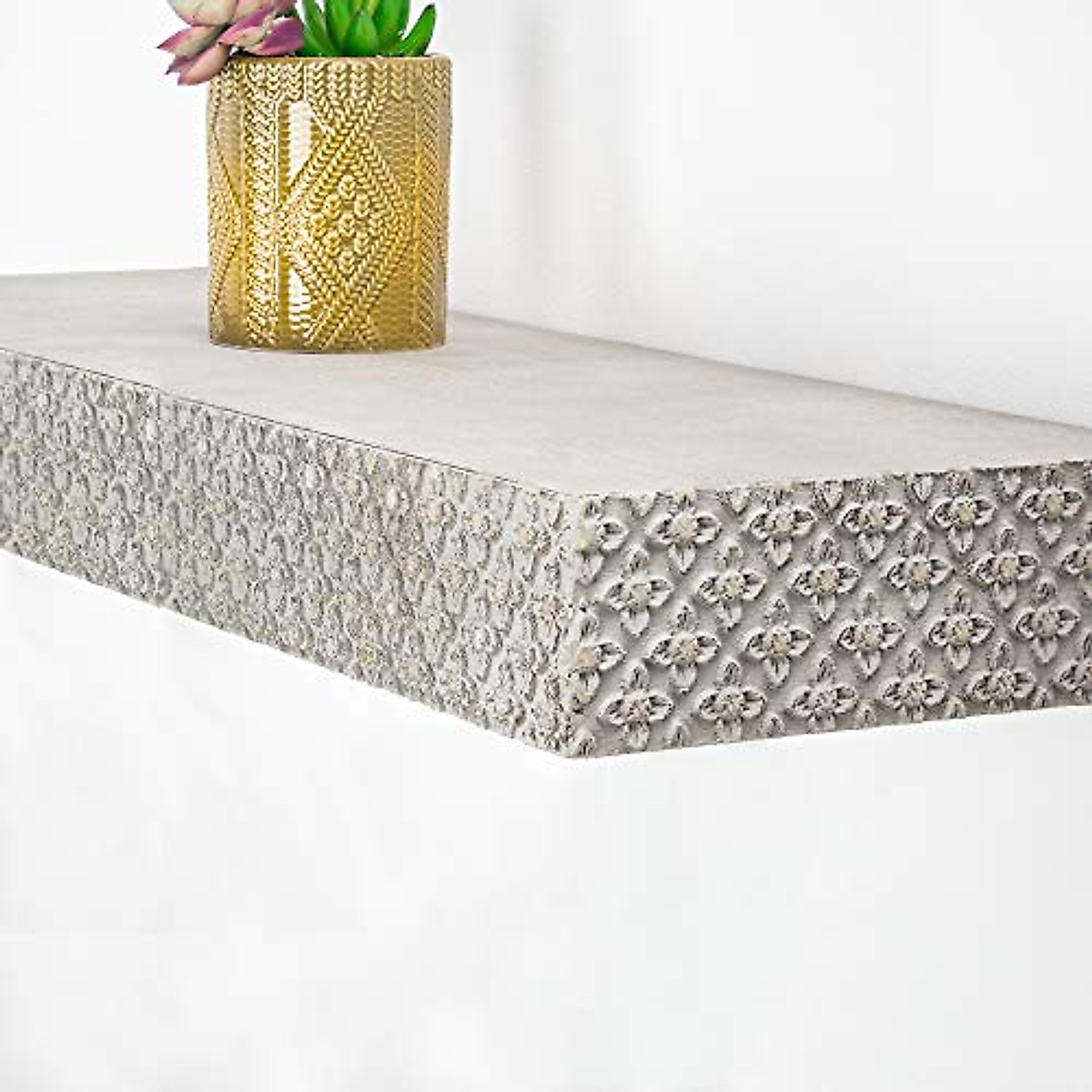 American Art Decor Rustic Wood Embossed Floral Floating Wall Shelf - Greywashed (36 x 9)