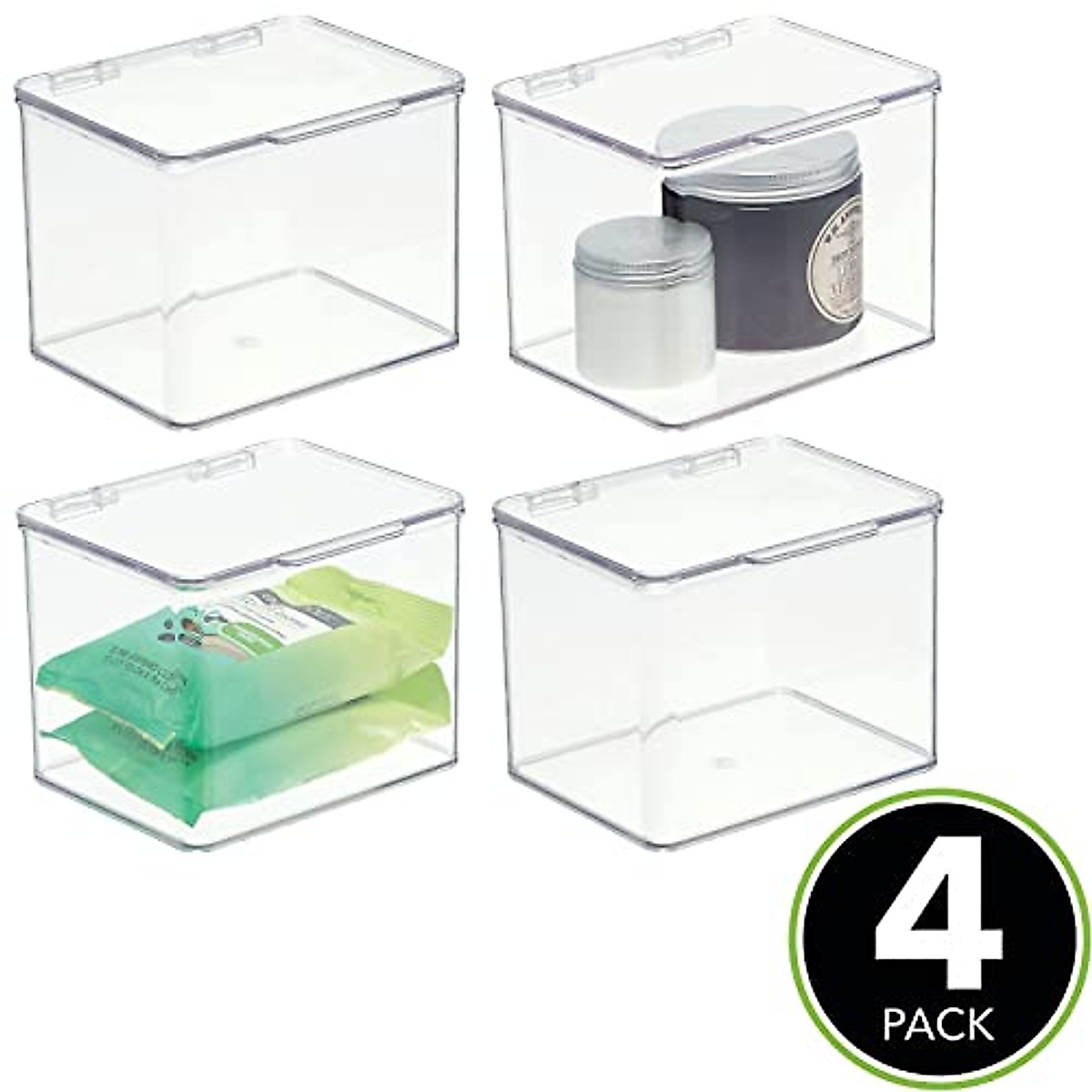 mDesign Plastic Bathroom Storage Organizer Box with Hinge Lid for Closet, Shelf, Cupboard, or Vanity, Hold Medicine, Soap, Lotion, Cotton Swabs, Masks, Styling Tools, Lumiere Collection, 4 Pack, Clear