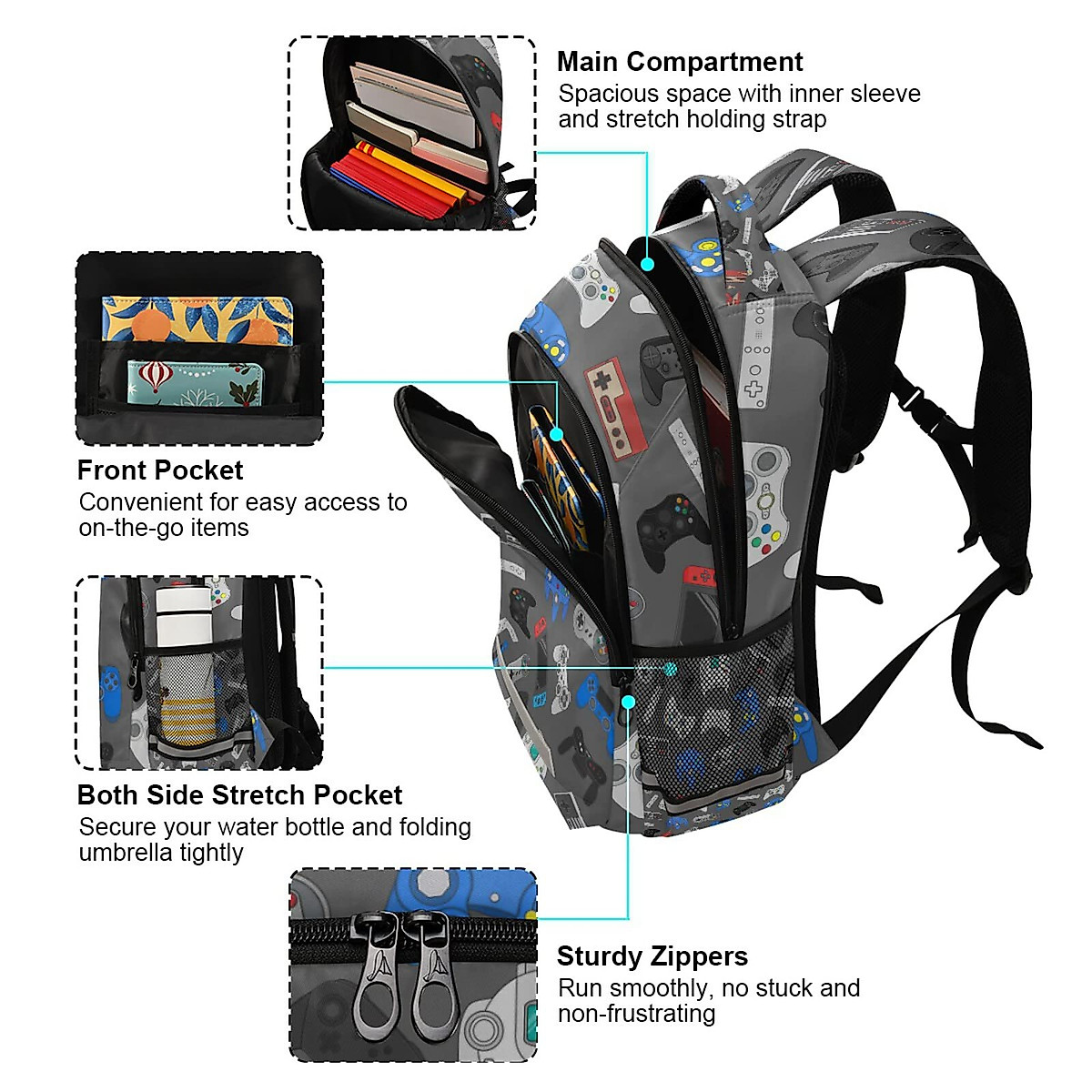 Video Game Controller School Backpacks with Chest Strap for Teens Boys Girls,Lightweight Student Bookbags 17 Inch, Gamepad Background Casual Daypack Schoolbags
