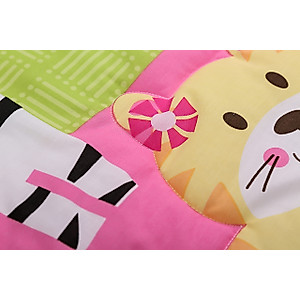 4 PCs Pink Animal Safari Nursery Crib Bedding Set 1 Quilt 1 Fitted Sheet 1 Skirt 1 Diaper Storage Bag