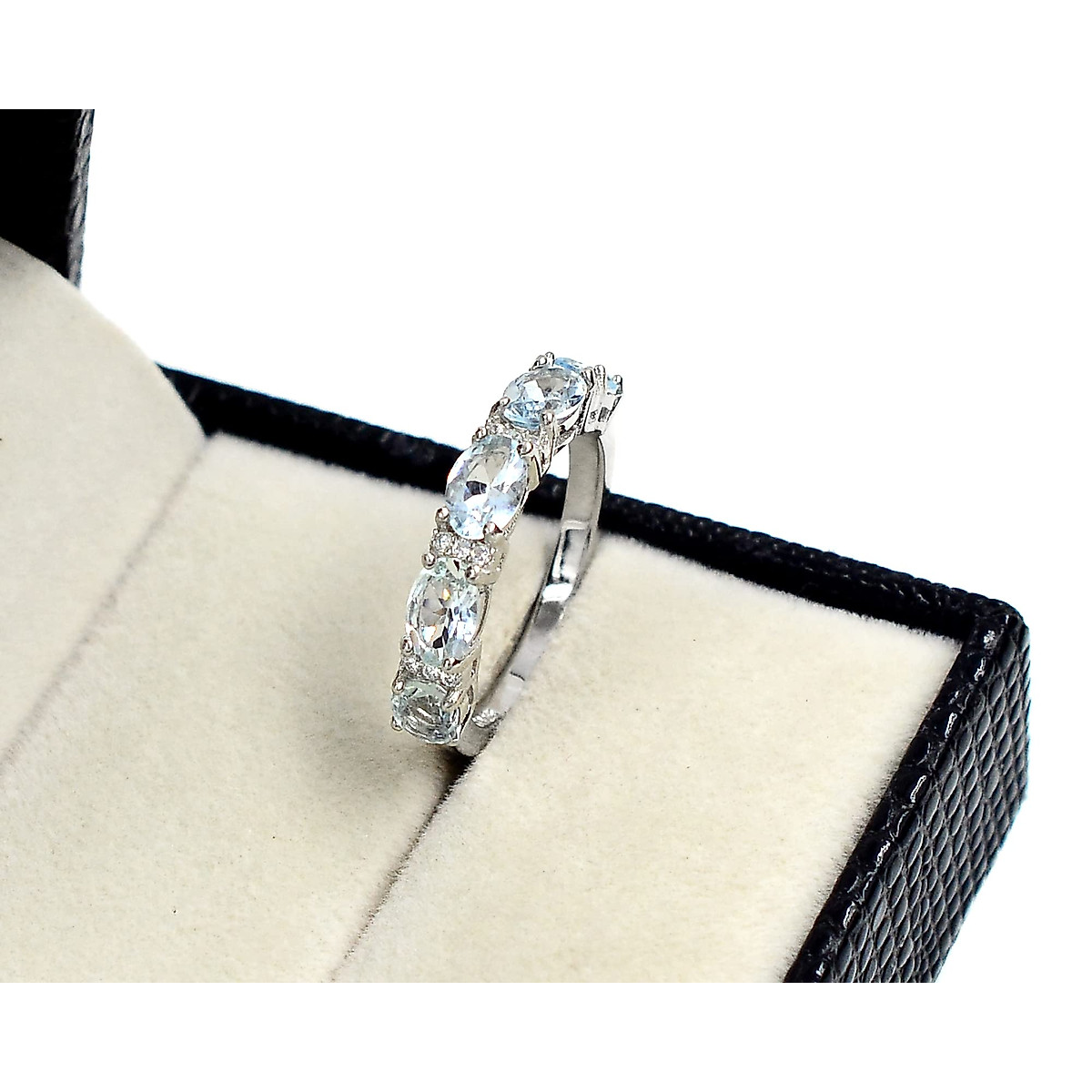 925 Sterling Silver Natural 6X4 MM Oval Cut Deep Aquamarine Gemstone March Birthstone Cluster Unisex Proposal Ring Wedding Jewelry Bridal Ring Birthday Gift Valentine's Day Gift For Her (Rhodium Plated Silver, 6.5)