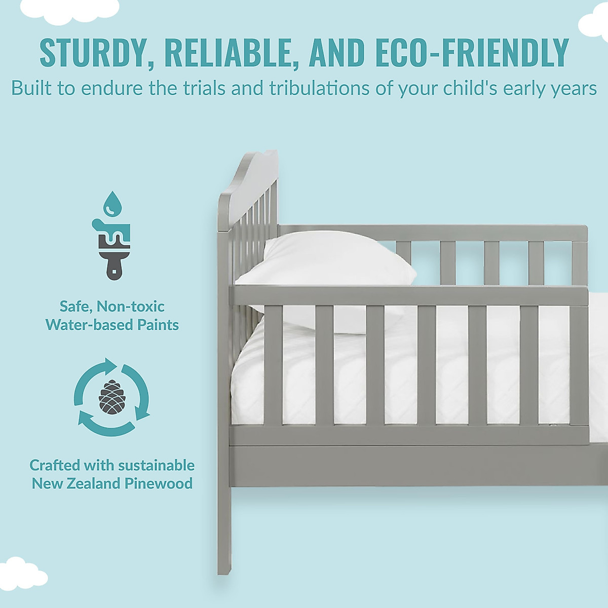 Dream On Me Classic Design Toddler Bed In Cool Grey, Greenguard Gold And JPMA Certified, Low To Floor Design, Two Side Safety rails, Non-Toxic Finishes, Wooden Nursery Furniture