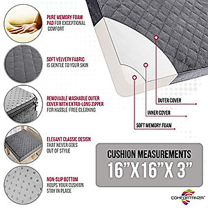 COMFORTANZA Chair Seat Cushion - 16x16x3 Memory Foam Square Thick Non-Slip Chair Pads for Kitchen, Dining, Office Chairs and Car Seats - Comfort and Back Pain Relief - Soft - Gray