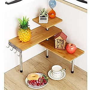 DRDINGRUI Kitchen Countertop Organizer Corner Shelves, 3 Tiers Bamboo Spice Rack, Makeup Organizer Shelves, Plant Display Shelf, Space Saving Desk Storage with Hooks