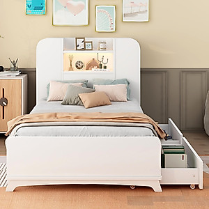 Jintop Twin Size Platform Bed Frame with 2 Drawers and Light Strip Design in Headboard,Bedroom Storage Wood Bed W/ 3 Bedside Open Shelves,Slat Support,for Girl Boy Kid,White